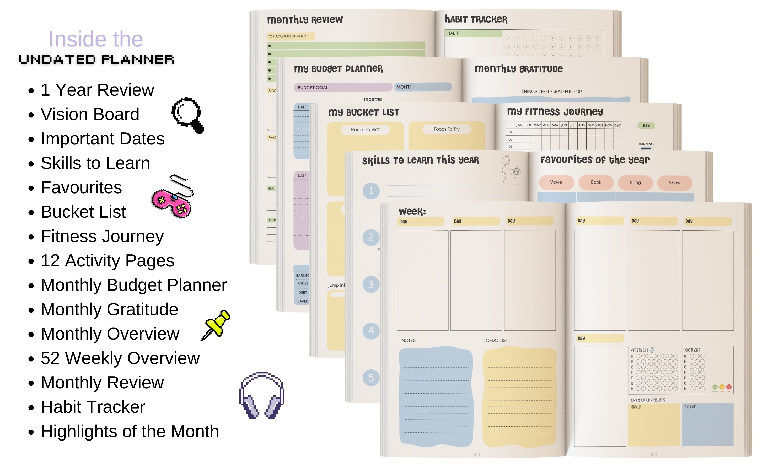 Undated Daily Journal Planner KIT with Pocket Diary, 2 Posters, 300+St ...